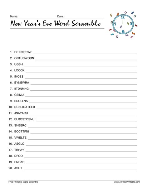 New Years Eve Word Scramble Free Printable