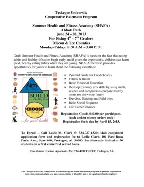 Fillable Online Tuskegee Summer Health And Fitness Academy SHAFA