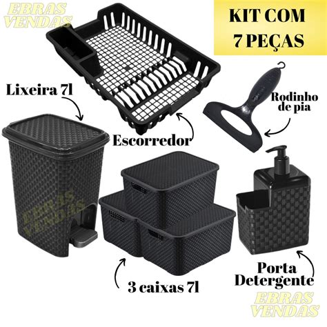 KIT Caixa Organizadora Lixeira Rattan 7L Pedal Escorredor Porta
