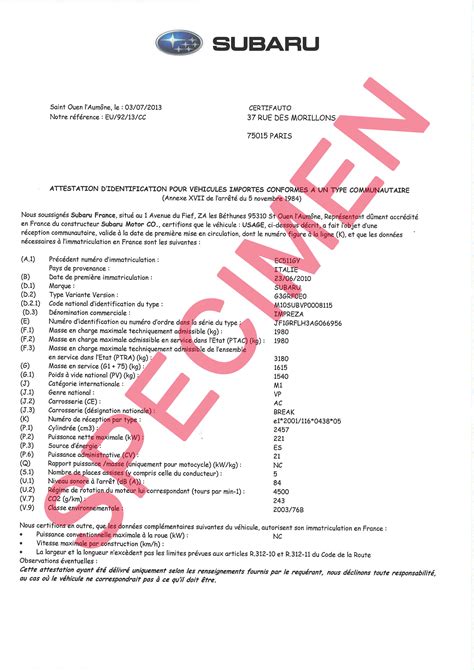Certificat de Conformité Européen Subaru COC Commandez votre