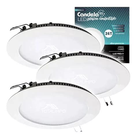 3 Plafones Led Redondos Embutir 24w Luz Fría Candela 7262