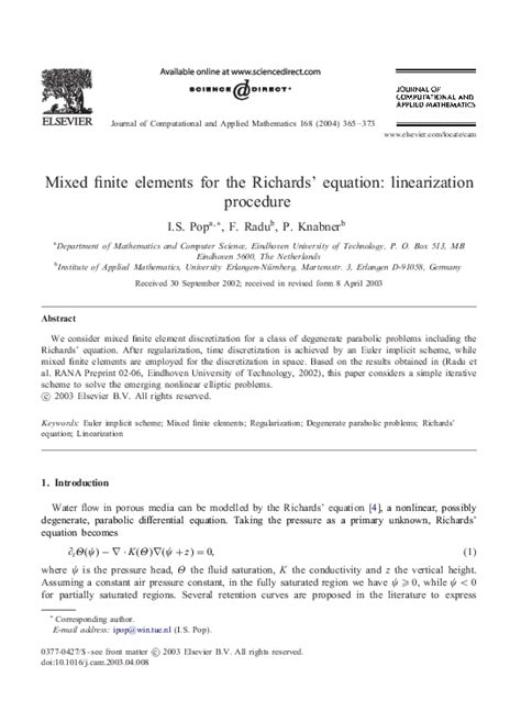 pdf mixed finite elements for the richards equation linearization procedure florin radu