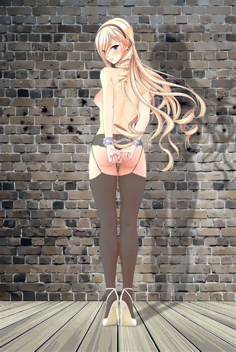 Rule 34 Arms Behind Back Black Thighhighs Blonde Hair Blue Eyes Blush Brick Wall Celia Cumani