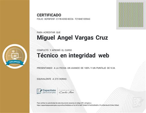 Certificado de diplomado de Técnico en integridad web Fundación