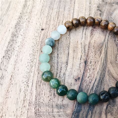 Green Moss Agate Gemstone Beaded Bracelet Lava Rock Essential Oil