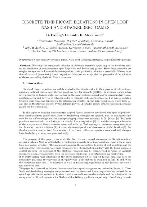 pdf discrete time riccati equations in open loop nash and stackelberg games