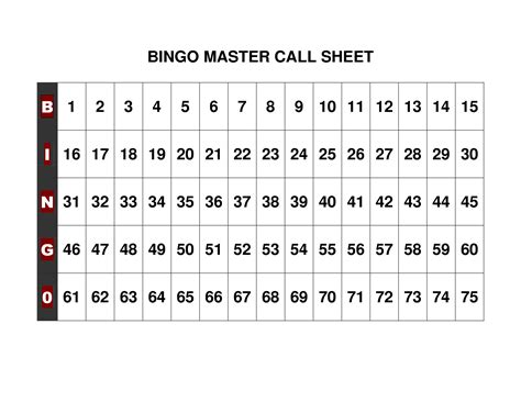 Bingo Calling Sheet Printable