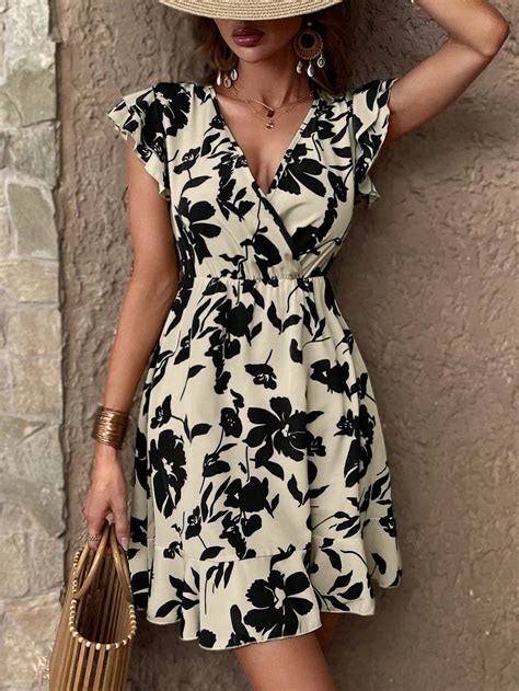 SHEIN VCAY Vestido impressão floral manga de borboleta bainha