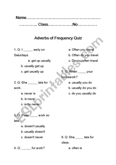 Adverb Of Frequency Quiz Esl Worksheet By Mahjah
