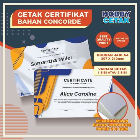 Jual Cetak Sertifikat Ukuran A Bahan Kartas Concorde Custom Desain
