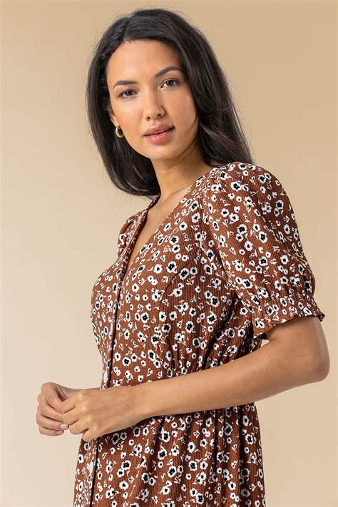 Floral Print Button Through Dress In Taupe Roman Originals Uk