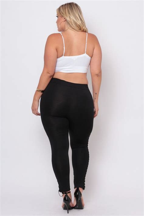 Womens Plus Size Lace Me Up Leggings Black Curvy Sense Plus Size Trendy Plus Size Black