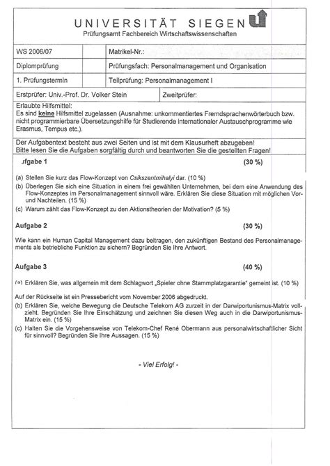 Prüfung 2007 Fragen Teilprüfung Personalmanagement I 1 Termin WS