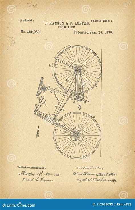 1890 Patent Velocipede Bicycle History Invention Stock Illustration