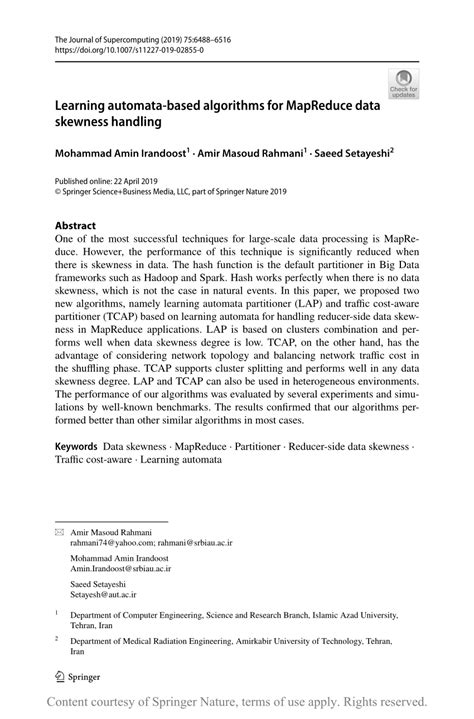 learning automata based algorithms for mapreduce data skewness handling request pdf