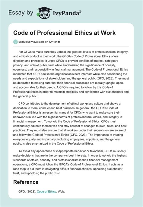 Code Of Professional Ethics At Work Words Essay Example