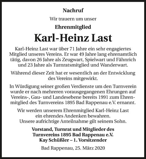 Traueranzeigen Von Karl Heinz Last Trauerundgedenken De