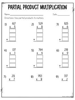 FREE 1 Digit Partial Product Multiplication Worksheet 4th Grade Math