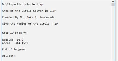 free programming source codes and computer programming tutorials area of the circle solve in lisp