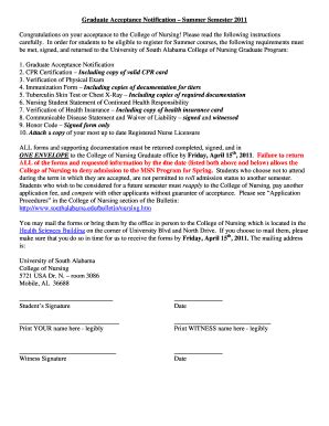 Fillable Online Southalabama Graduate Acceptance Packet Southalabama