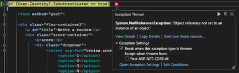 c razor pages dereference of possible null reference on user identity isauthenticated stack