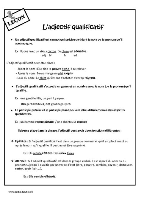 Adjectif qualificatif Cm2 Leçon Pass Education
