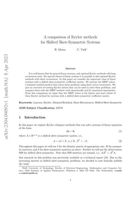 pdf a comparison of krylov methods for shifted skew symmetric systems