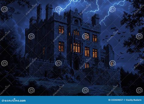 Scary Gothic Castle On Halloween Night Haunted Palace Or Mansion For