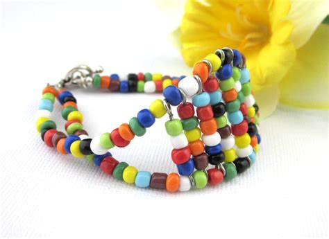 Multicolored Seed Bead Bracelet Rainbow Colors One Of A Kind Etsy