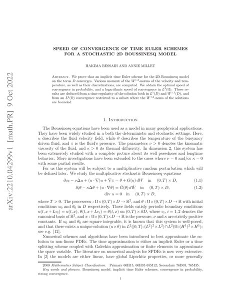 pdf speed of convergence of time euler schemes for a stochastic 2d