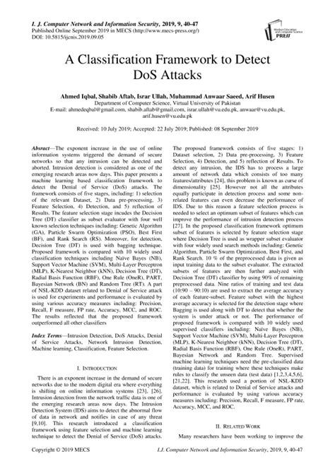 a classification framework to detect dos attacks ijcnis