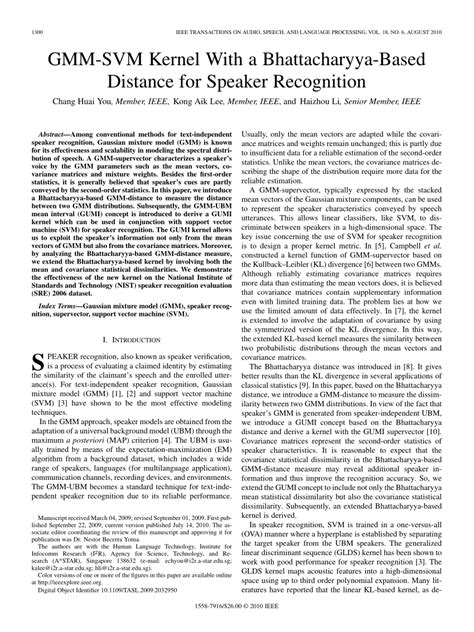 pdf gmm svm kernel with a bhattacharyya based distance for speaker recognition