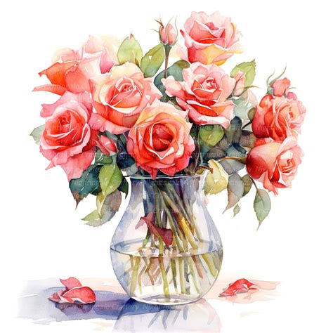 10 Roses In Vase Clipart Pink Roses Printable Watercolor Etsy