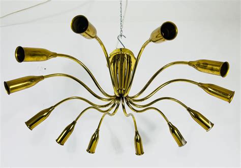 Lampadario Sputnik Mid Century In Ottone A 12 Braccia Italia Anni 50