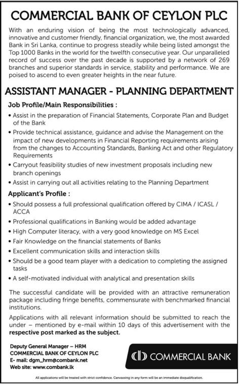 Assistant Manager Planning Department Commercial Bank Of Ceylon PLC