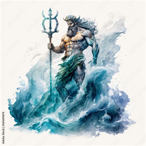 Watercolor Painting Of Poseidon Greek God Of The Ocean Generative Ai