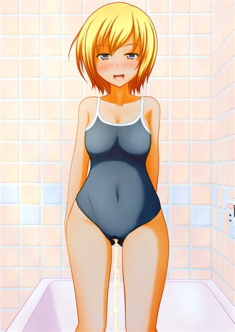 Rule 34 Bathtub Blonde Hair Blush Female Large Breasts One Piece Swimsuit Peeing Peeing In