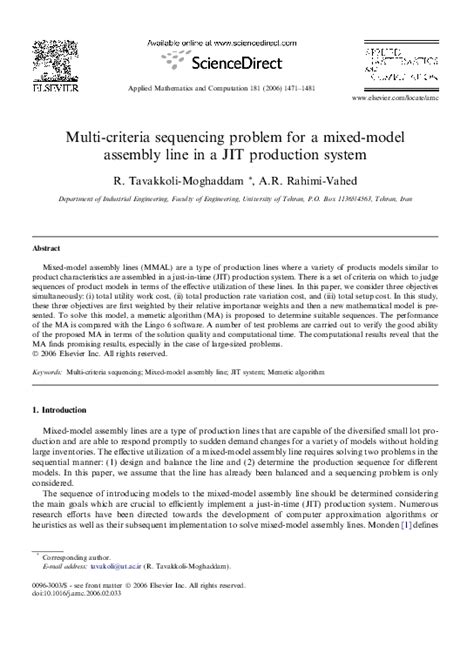 pdf multi criteria sequencing problem for a mixed model assembly line in a jit production