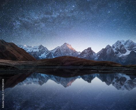 Night Landscape With A Mountain Lake And A Starry Sky Stock Photo