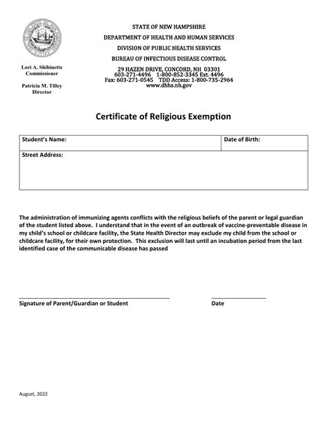 New Hampshire Certificate Of Religious Exemption Fill Out Sign