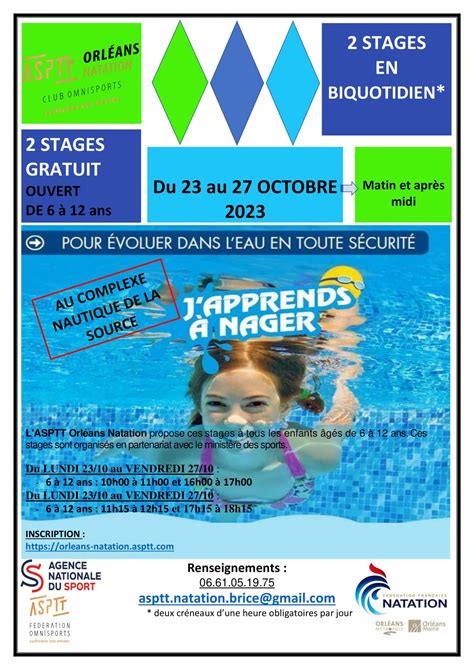 Stage J apprends à Nager Vacances de Toussaint ASPTT Orléans
