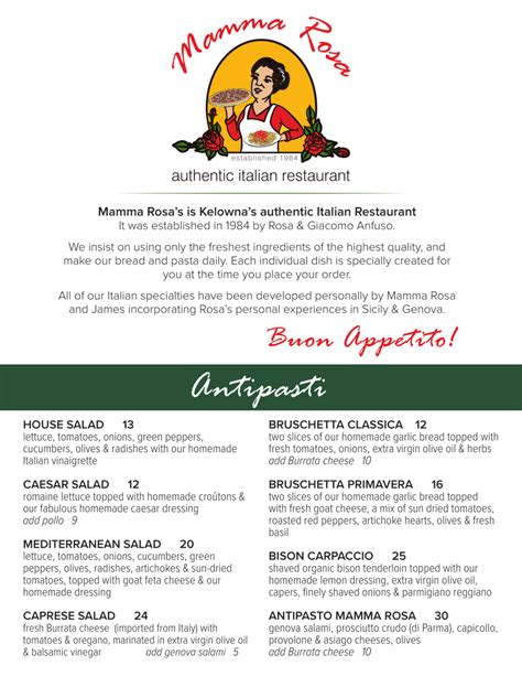 2023 Dine In Menu 1 Mamma Rosa Authentic Italian Restaurant