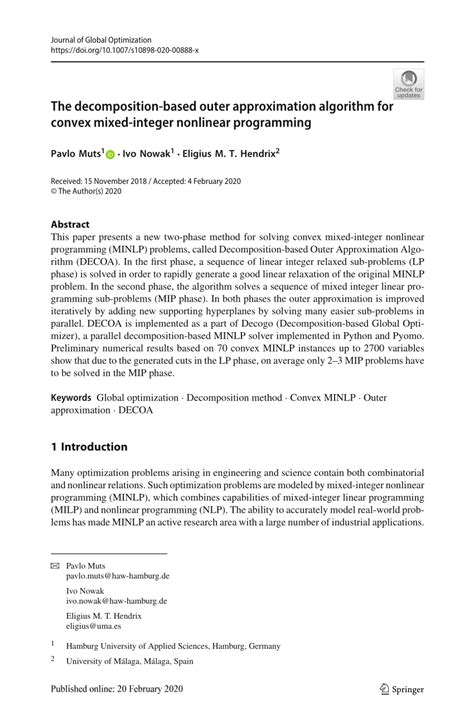 pdf the decomposition based outer approximation algorithm for convex mixed integer nonlinear
