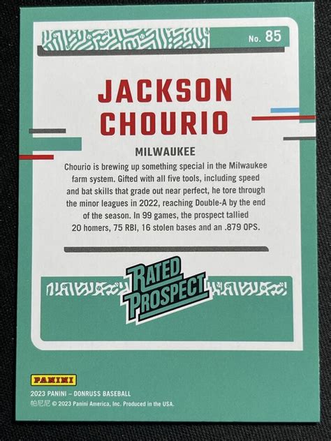 2023 Panini Donruss Rated Prospect 85 Jackson Chourio RC Brewers