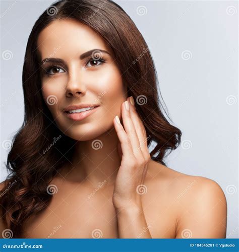 Woman With Naked Shoulders On Bright Grey Stock Image Image Of