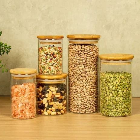 Kit 5 Potes de Vidro Hermético Tampa de Bambu Oikos Promotop