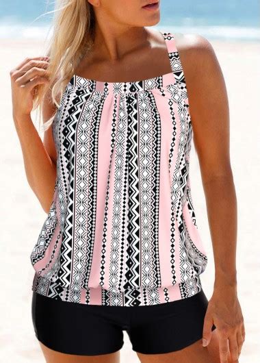 Criss Cross Geometric Print Light Pink Tankini Top Modlily USD