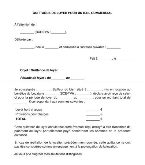 Quittance de Loyer pour un Bail Commercial Modèle
