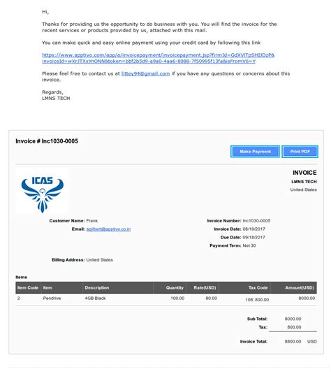 sending invoice email message example