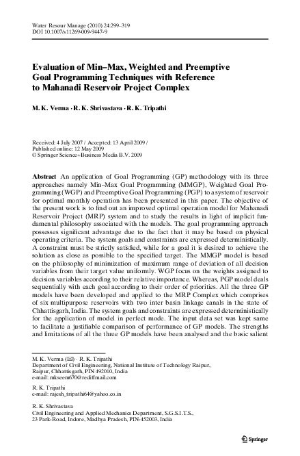 pdf evaluation of min max weighted and preemptive goal programming techniques with reference